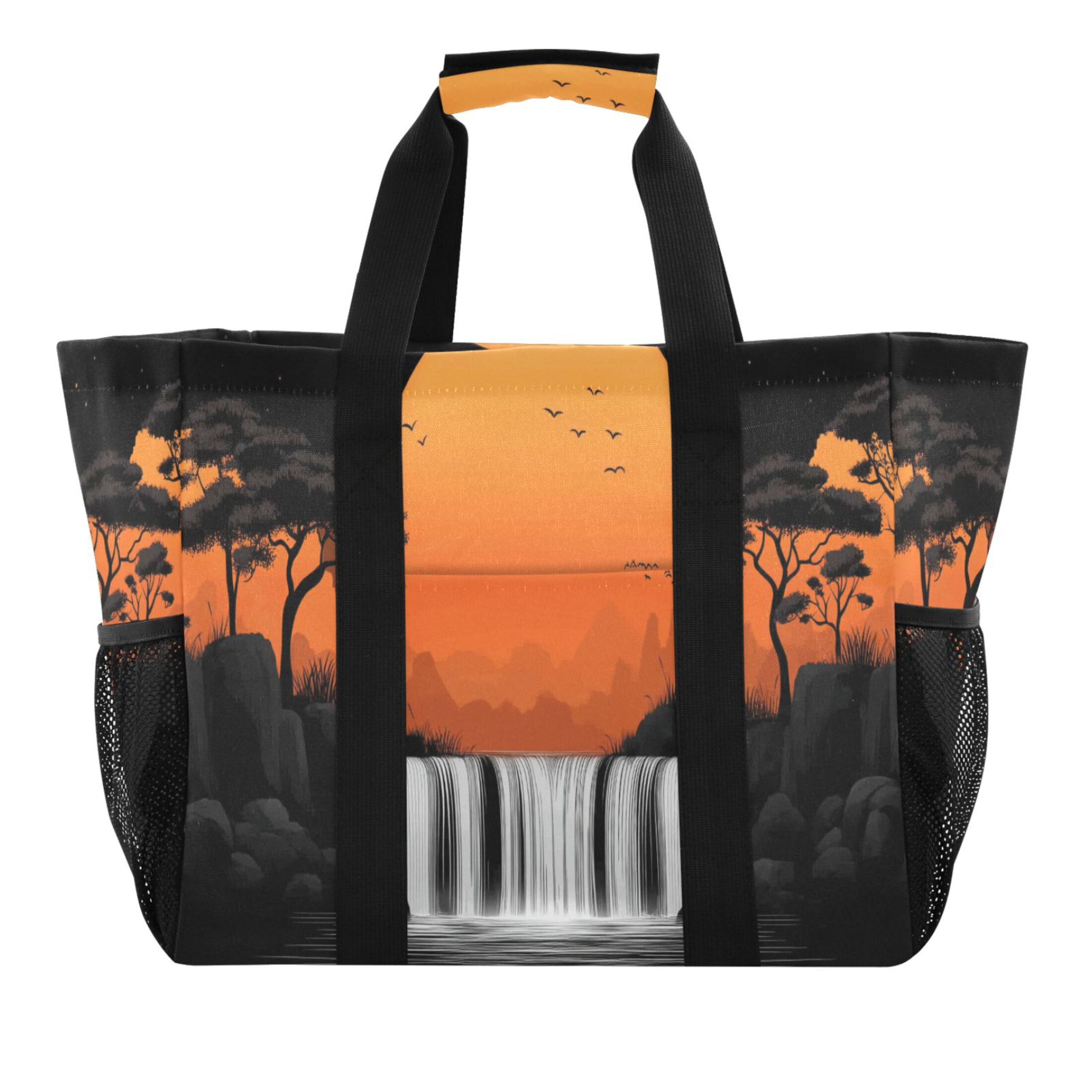 African Sunset with Waterfall Reusable Grocery Bags with Handle Side ...