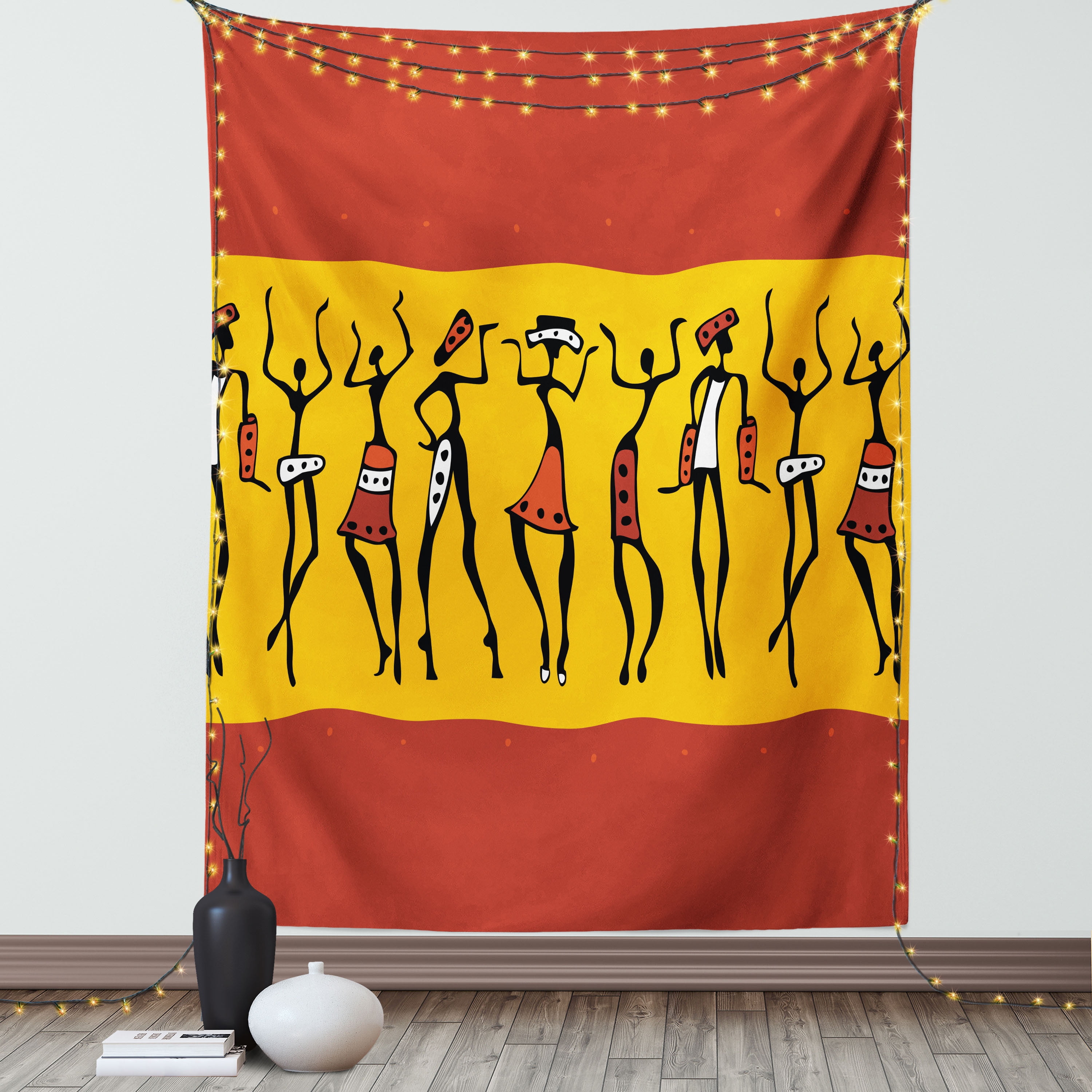 African Tapestry, Dancing Figures Abstract Tribal Ancient Wall Paint ...