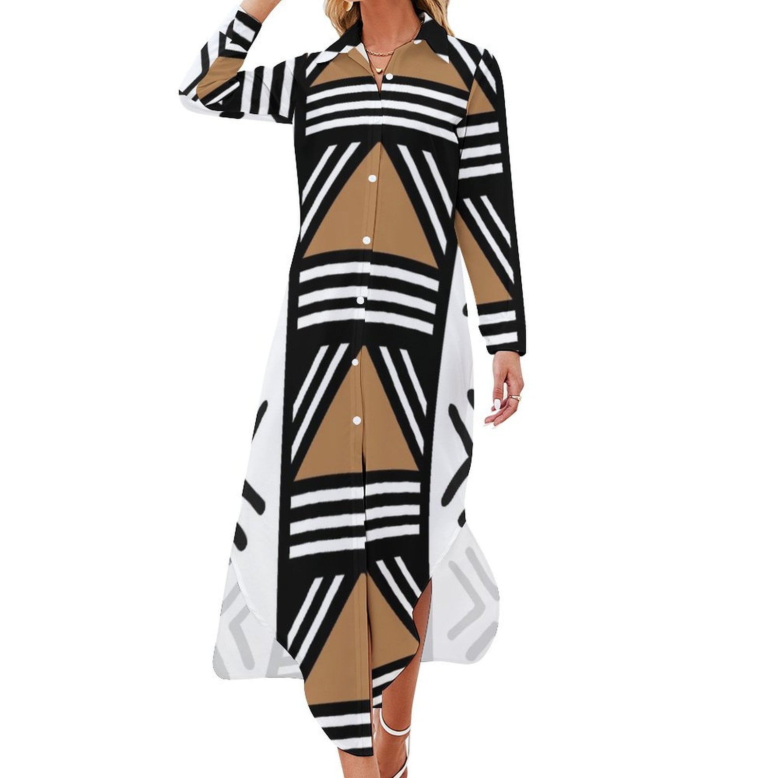 African Tribal Bogolan Pattern Long Sleeved Shirt Dress Female dress Evening dresses - Walmart.com