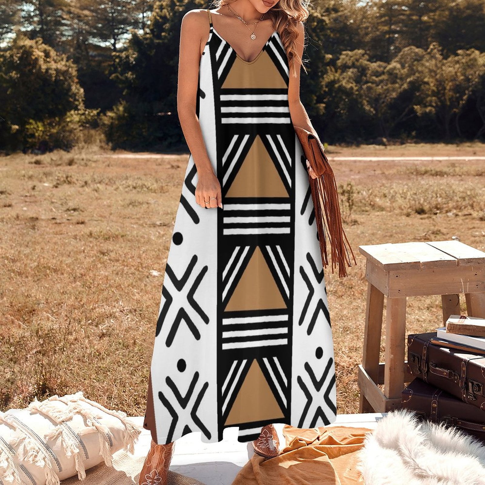 African Tribal Bogolan Pattern Sleeveless Dress Woman clothing - Walmart.com
