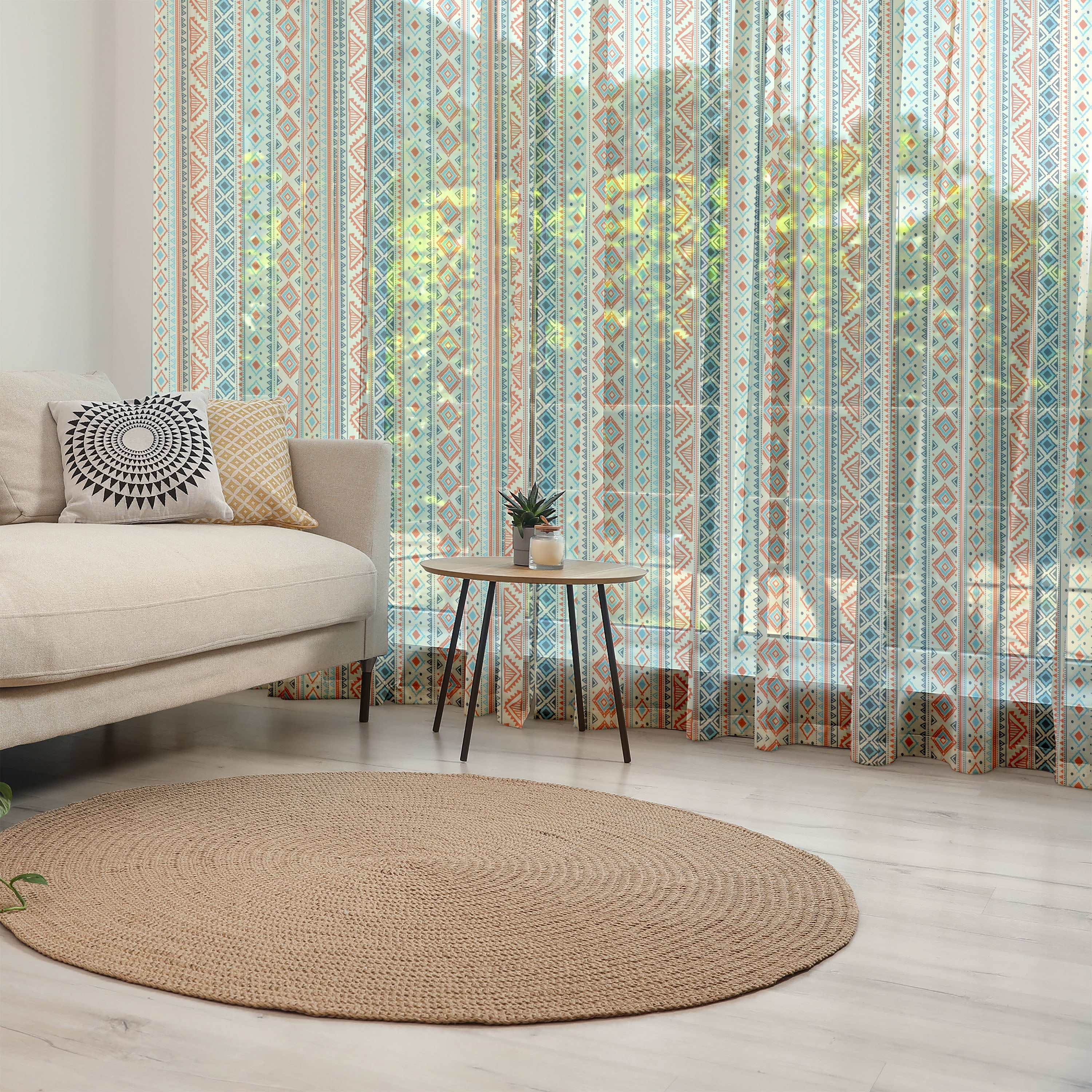 African Tulle Curtains with Rod Pocket, Vertical Geometrical Borders ...