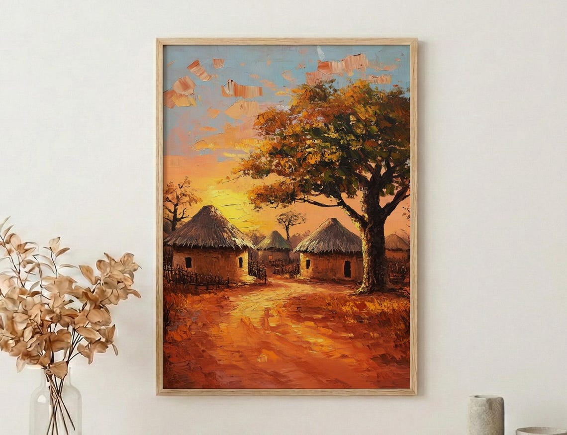 African Village Tribal Huts Savanna Sunset Landscape Rustic Home ...