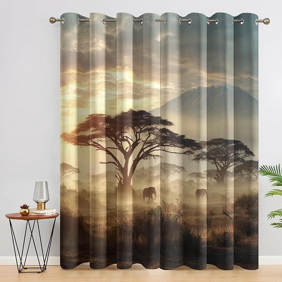 African Wildlife Curtains for Living Room, Sunset Elephant Pattern ...