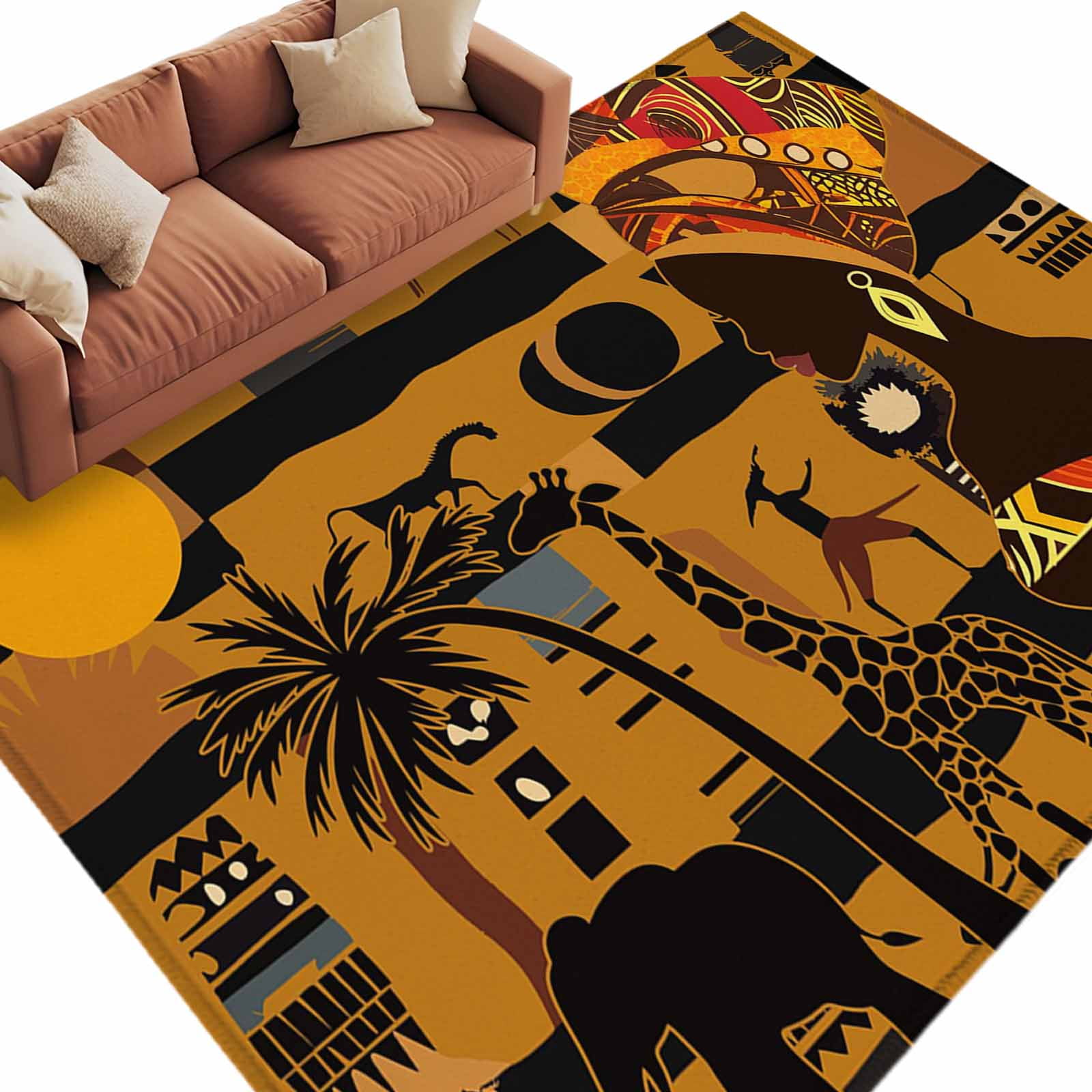 African Woman Area Rug 5x7ft Giraffe Elephant Brown Silhouette Ethnic ...