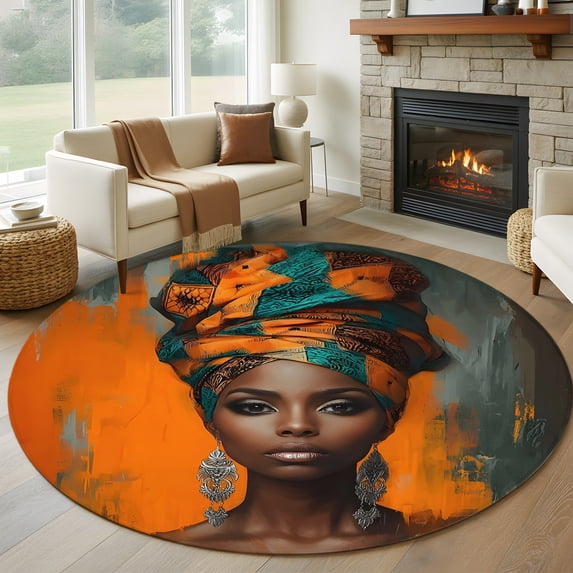 African Woman with Beauty Turban 7FT Round Area Rugs for Living Room ...