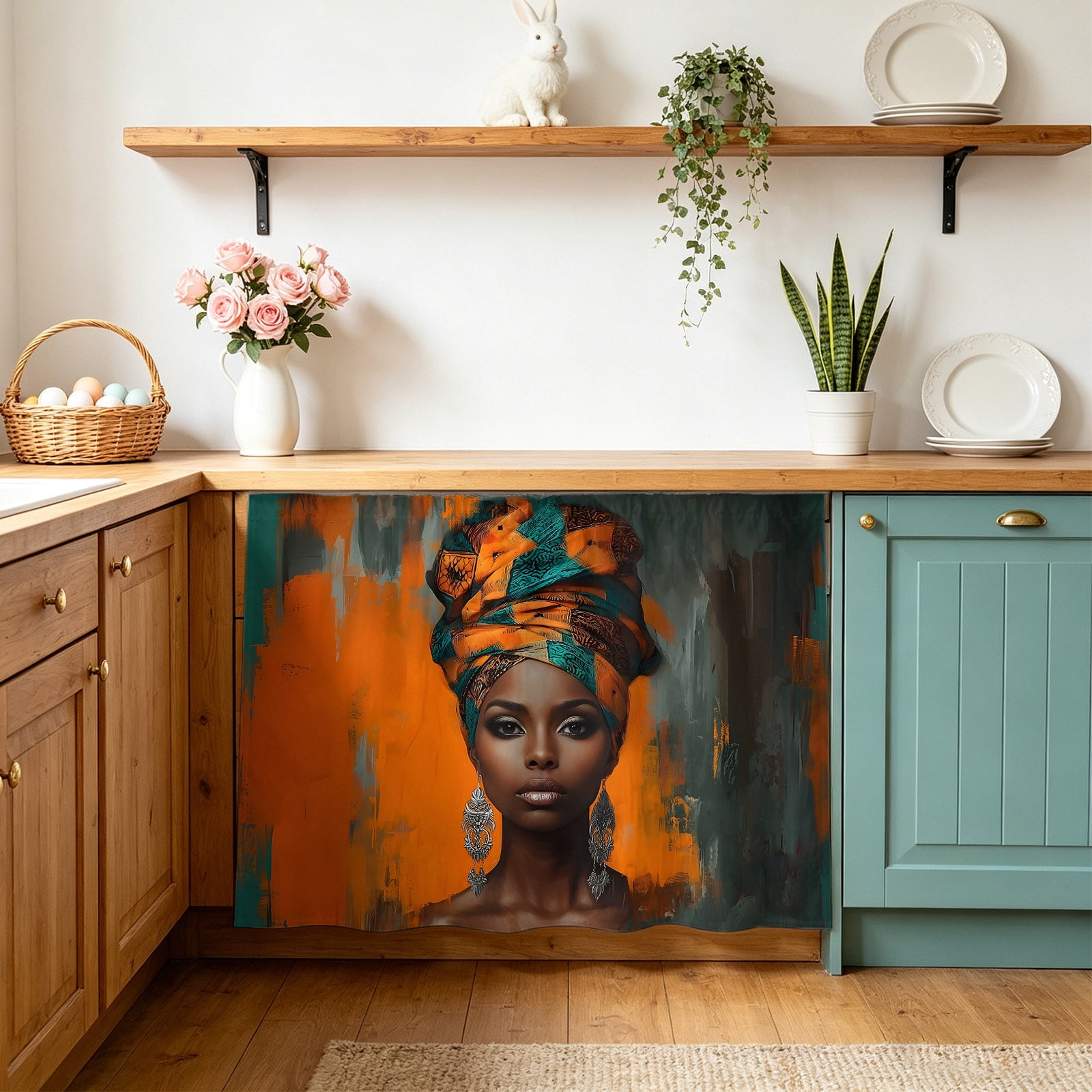 African Woman with Beauty Turban Cabinet Curtains 28" W x 35" L ...