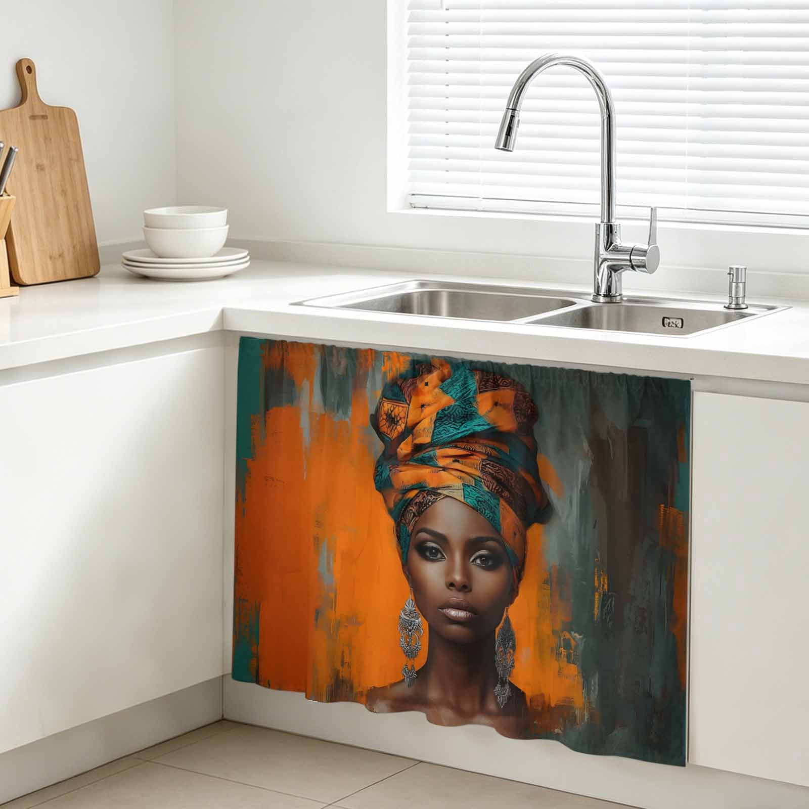 African Woman with Beauty Turban Cabinet Curtains for Kitchen 10"W x 11 ...