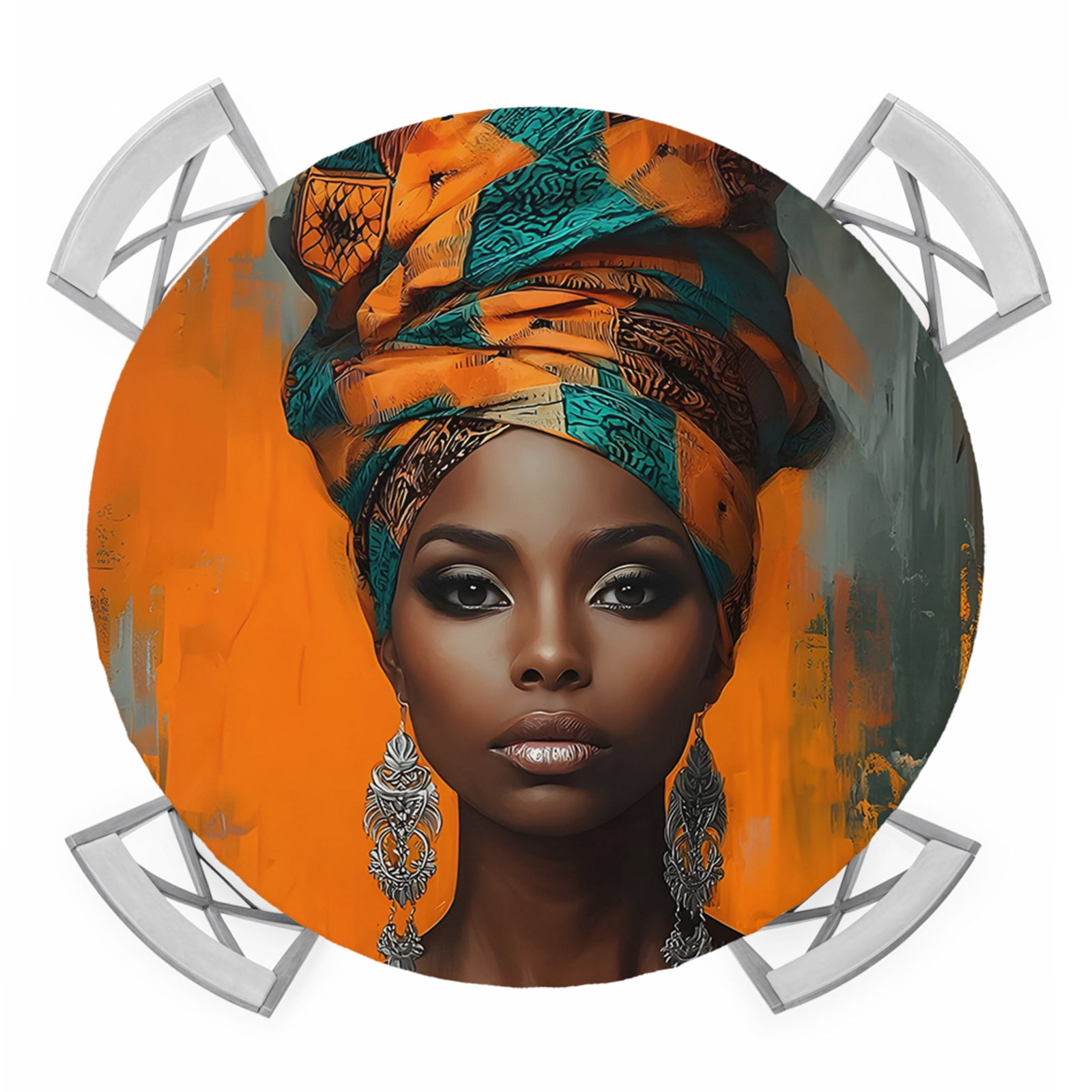 African Woman with Beauty Turban Round Table Cover, Portrait Orange ...