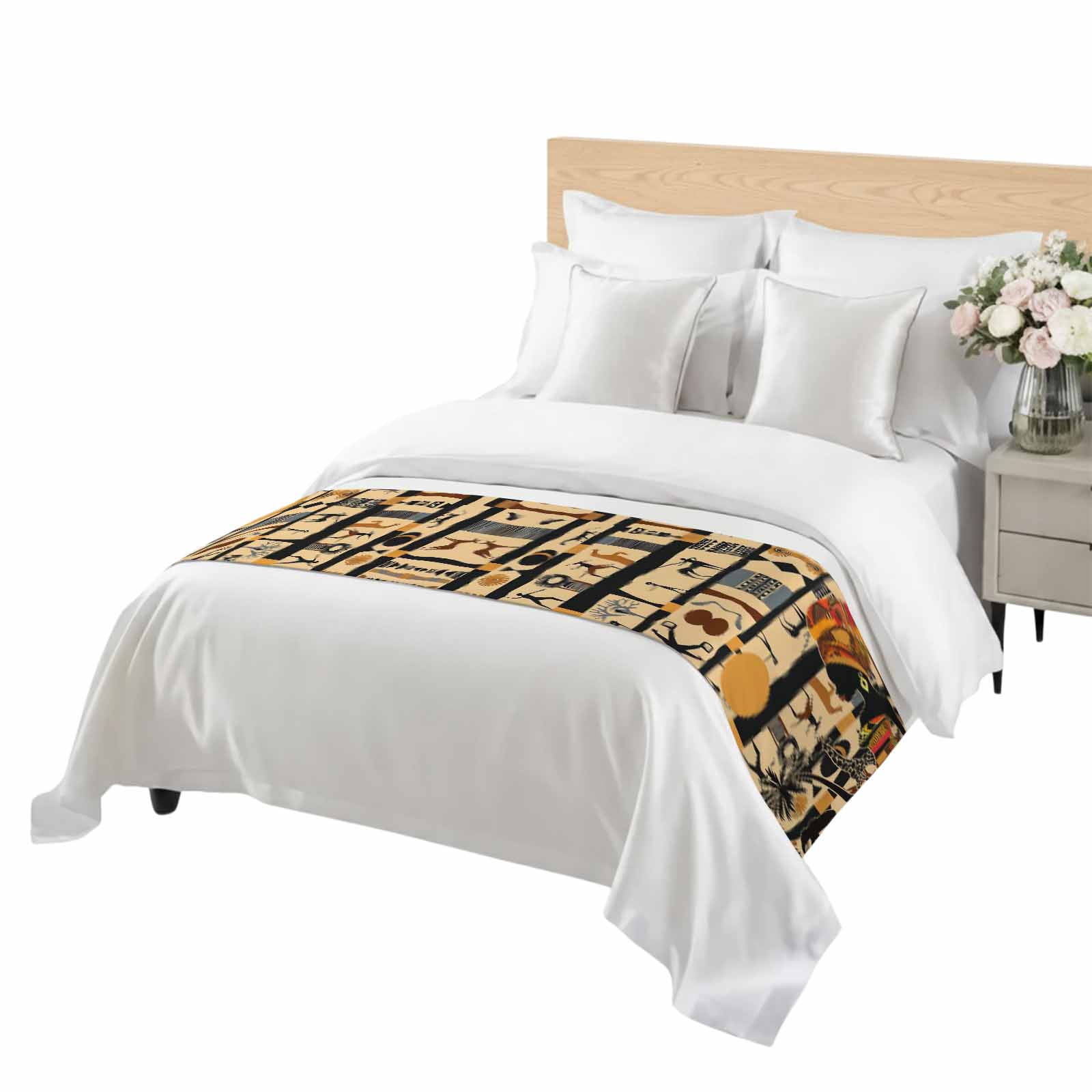 African Woman Bed Runner Twin Size Giraffe Elephant Beige Silhouette ...
