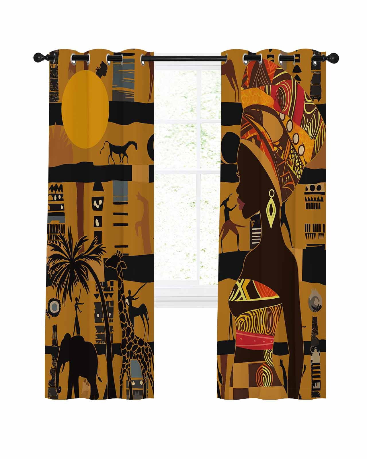 African Woman Blackout Curtains 84 Inch Length Giraffe Elephant Brown ...