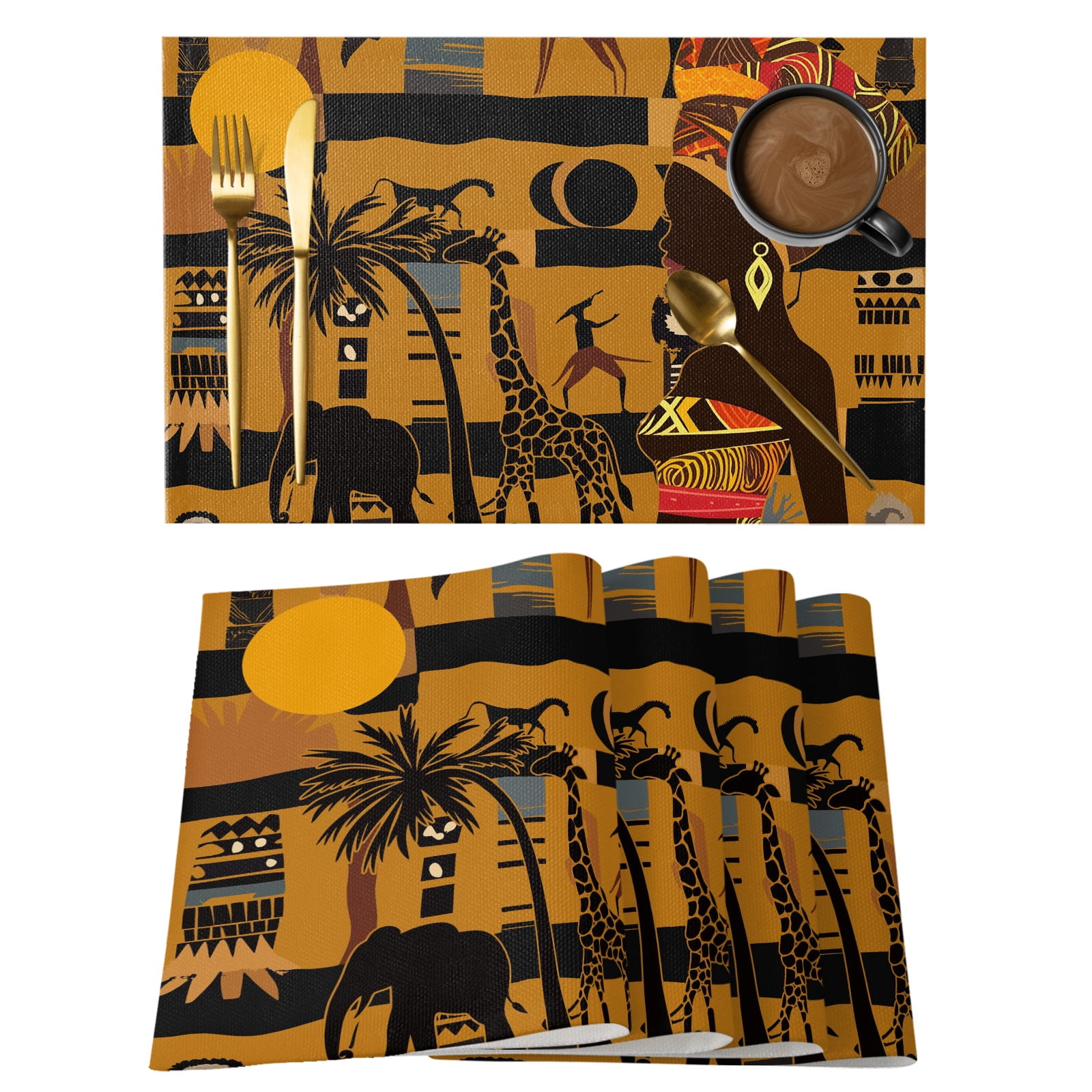 African Woman Cotton Linen Placemats Set of 12, Giraffe Elephant Brown ...