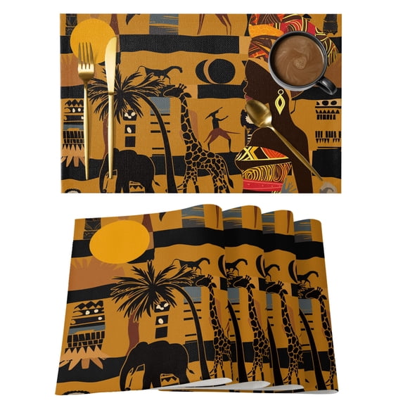African Woman Cotton Linen Placemats Set of 2, Giraffe Elephant Brown ...
