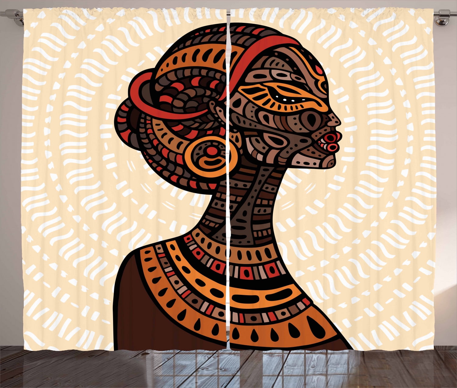 Ambesonne African Curtains 2 Panel Set, Portrait Folk Art, 108" x 63 ...