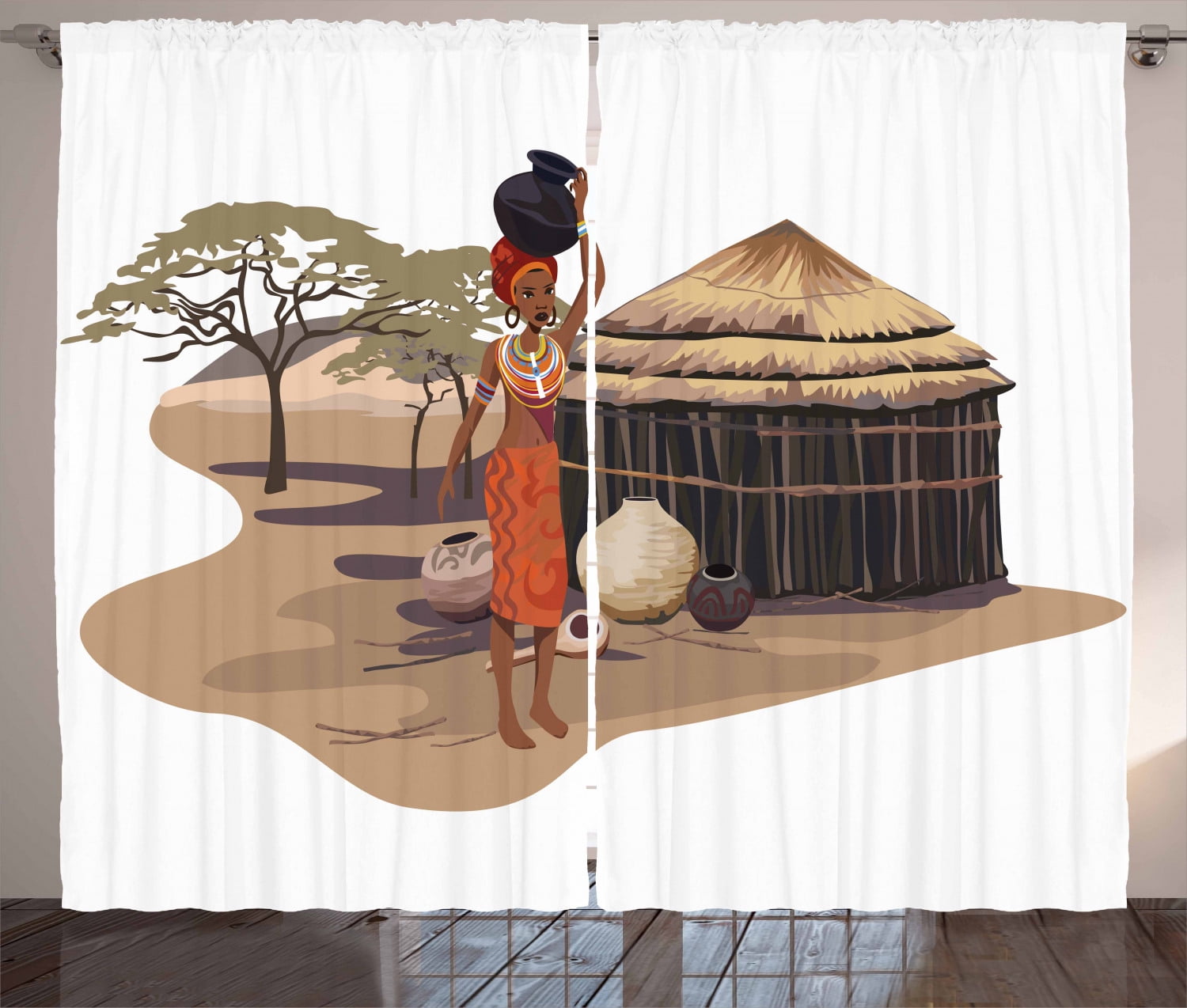 Ambesonne African Curtains 2 Panel Set, Woman with Pot, 108" x 90 ...