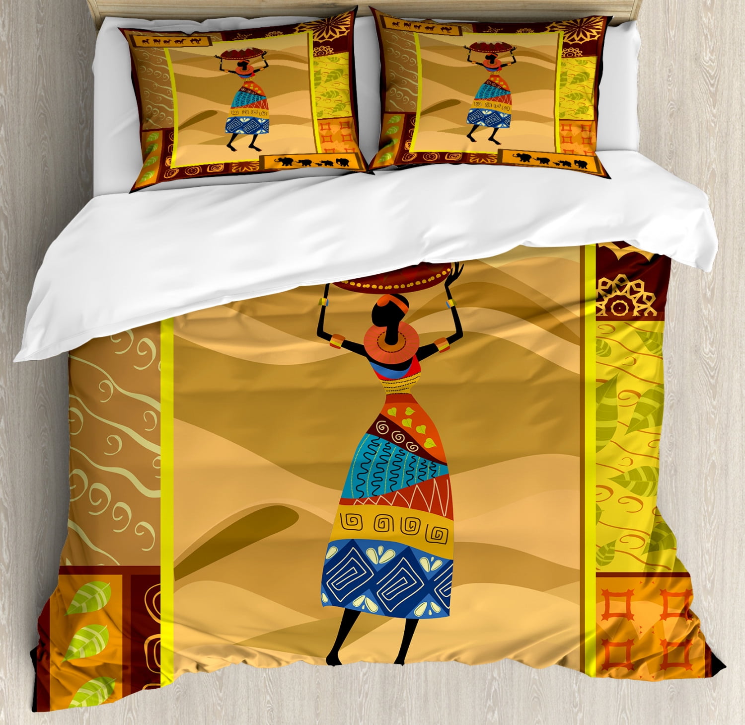 African Woman Duvet Cover Set Queen Size, Ornate Nature Inspired Motifs ...