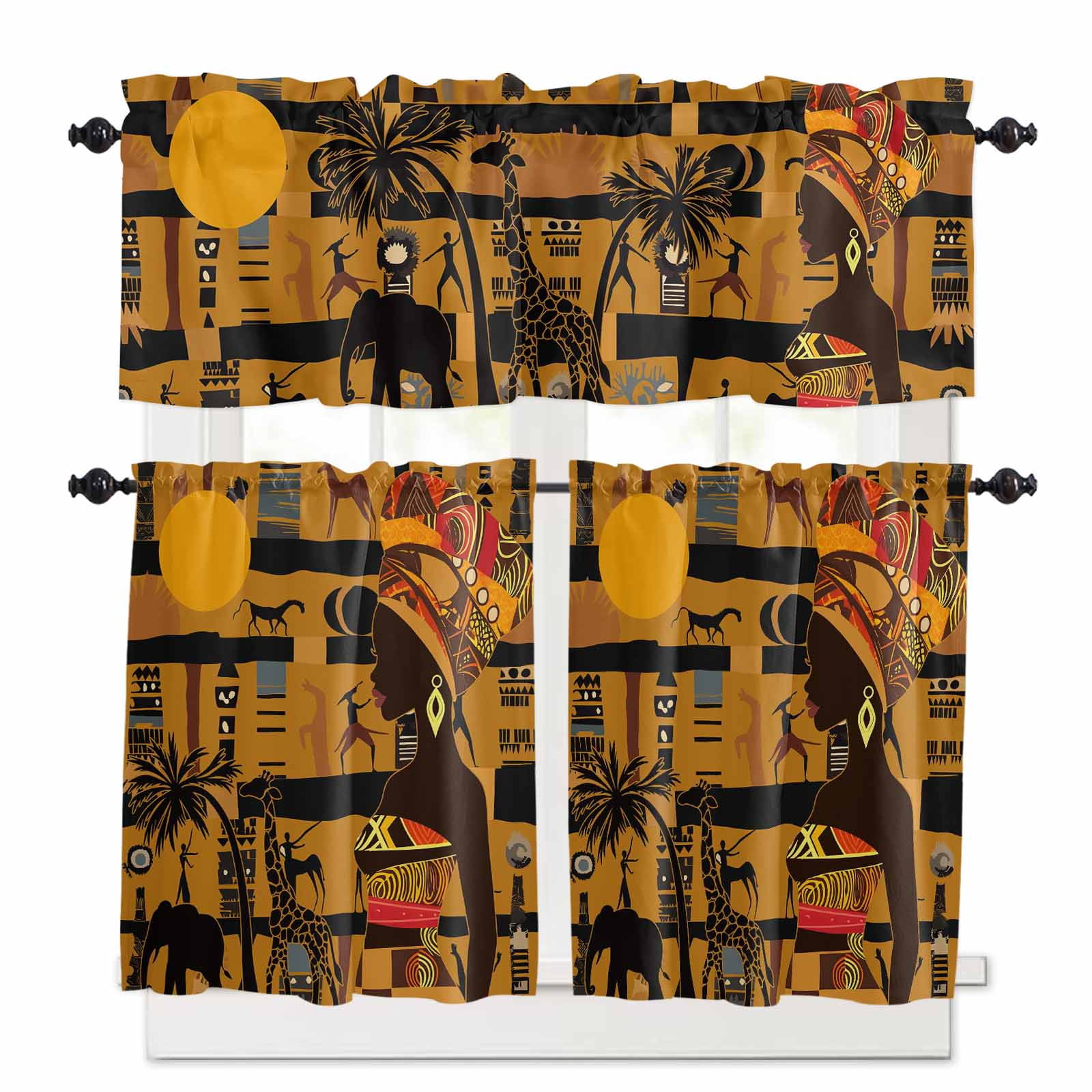 African Woman Kitchen Curtains Valances and Tiers Set of 3, 36 Inch ...