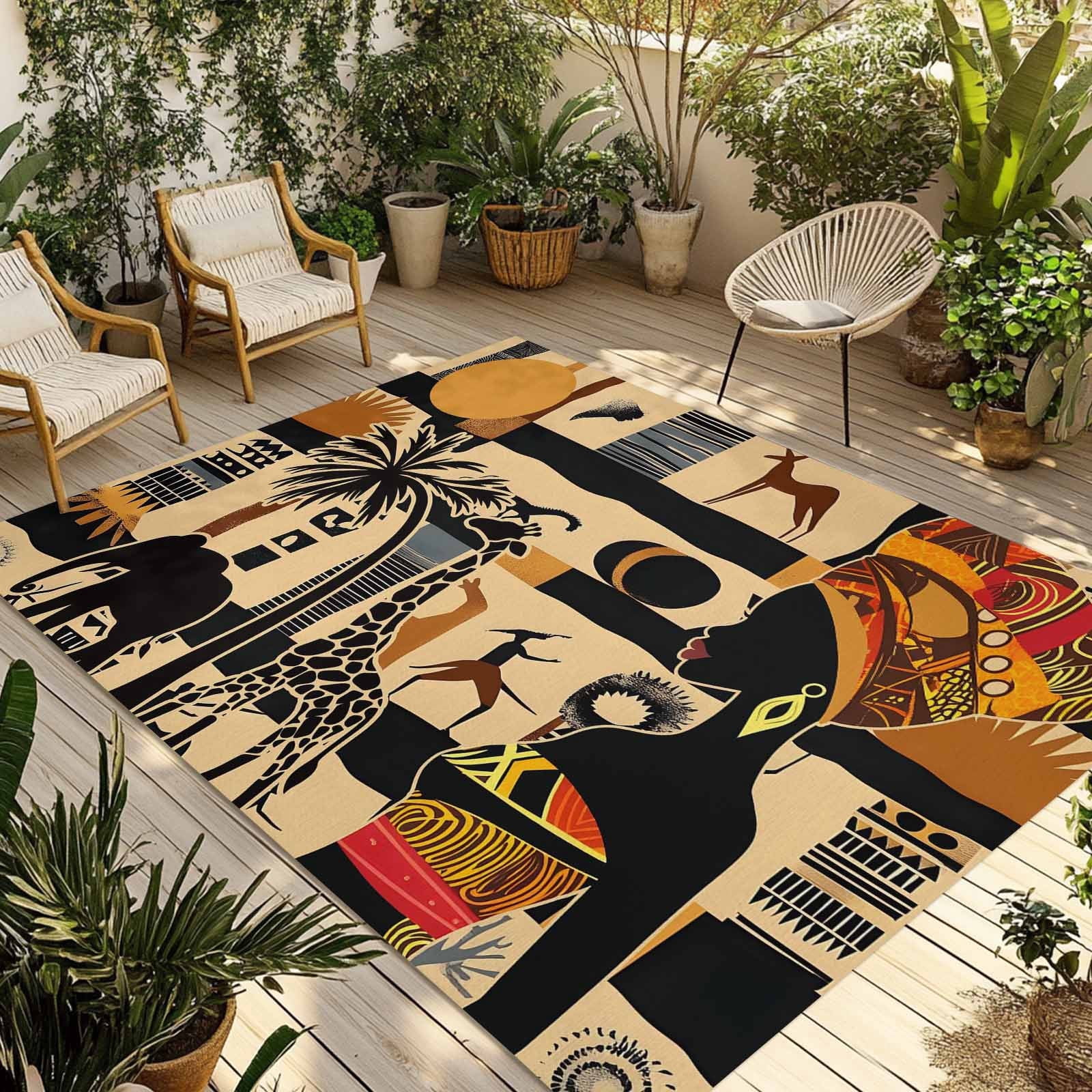 African Woman Outdoor Rug, Giraffe Elephant Beige Silhouette Ethnic ...