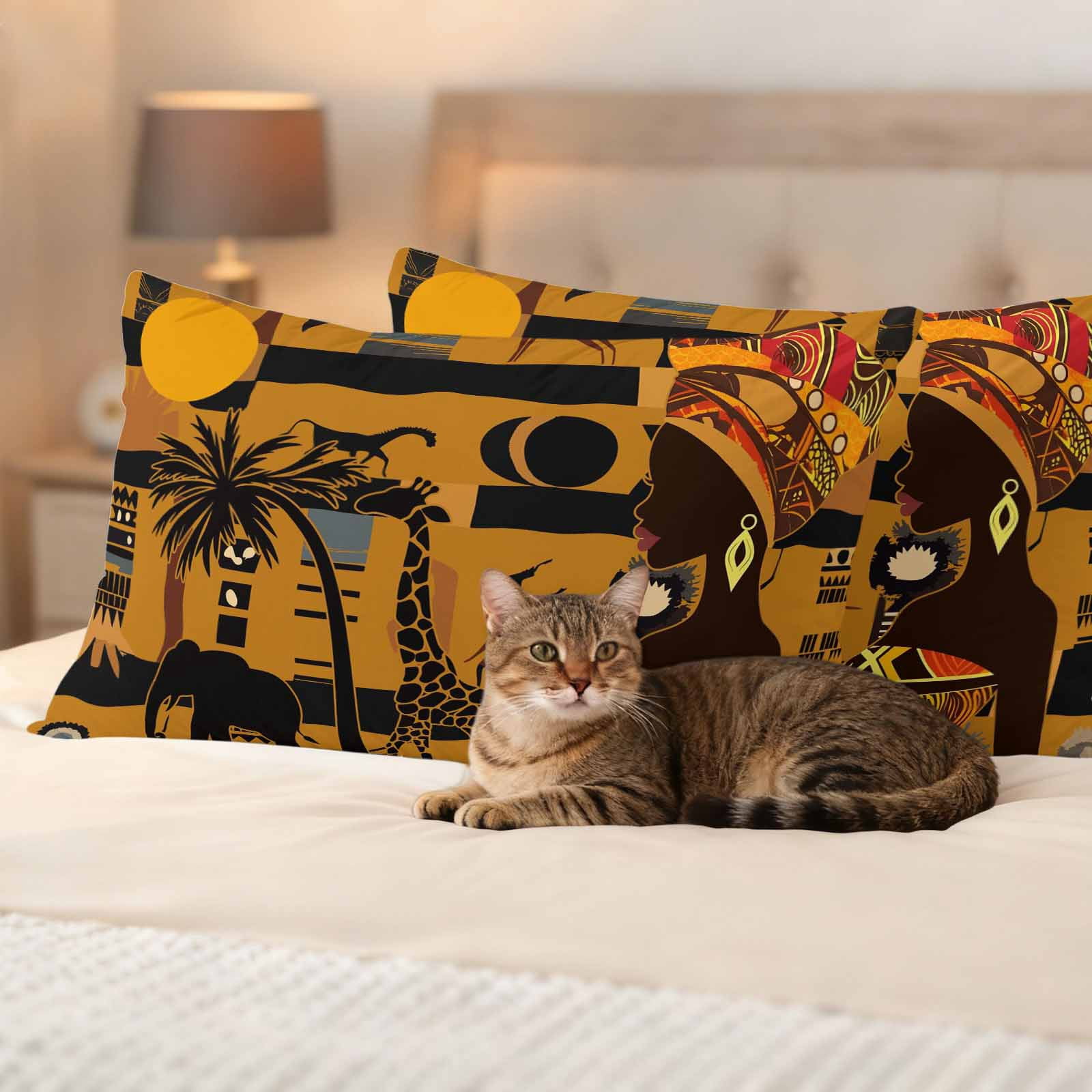 African Woman Outdoor Throw Pillow Covers Set of 2, Giraffe Elephant ...