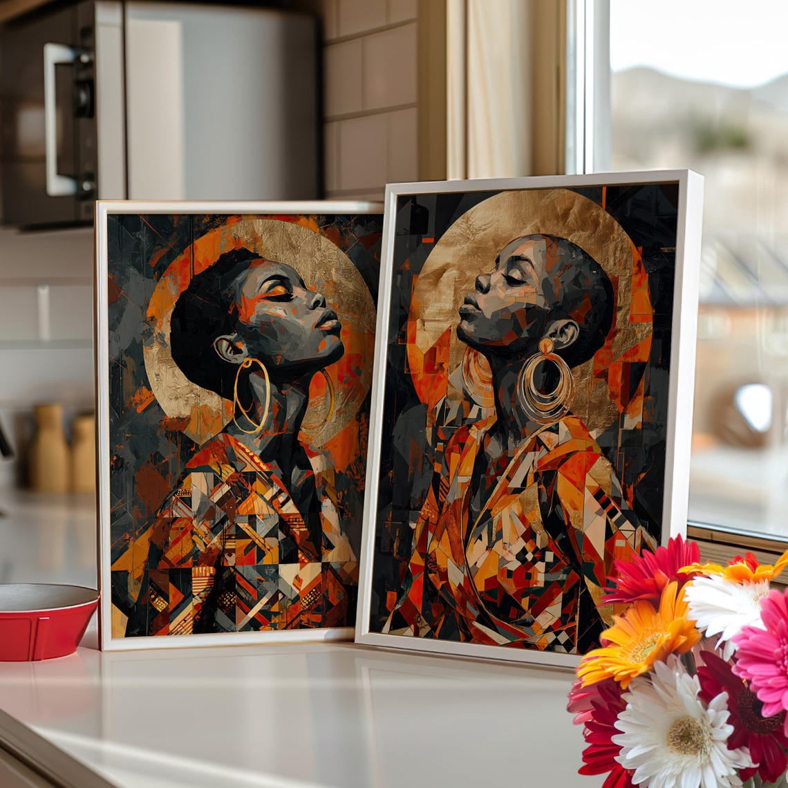 African Woman Piece Wall Art Black Woman Bold Gold Geometric Art Dark ...
