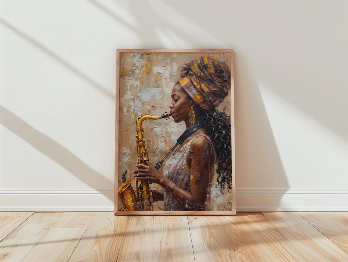 African Woman Saxophone Impressionist Textured Brown Gold Decor ...