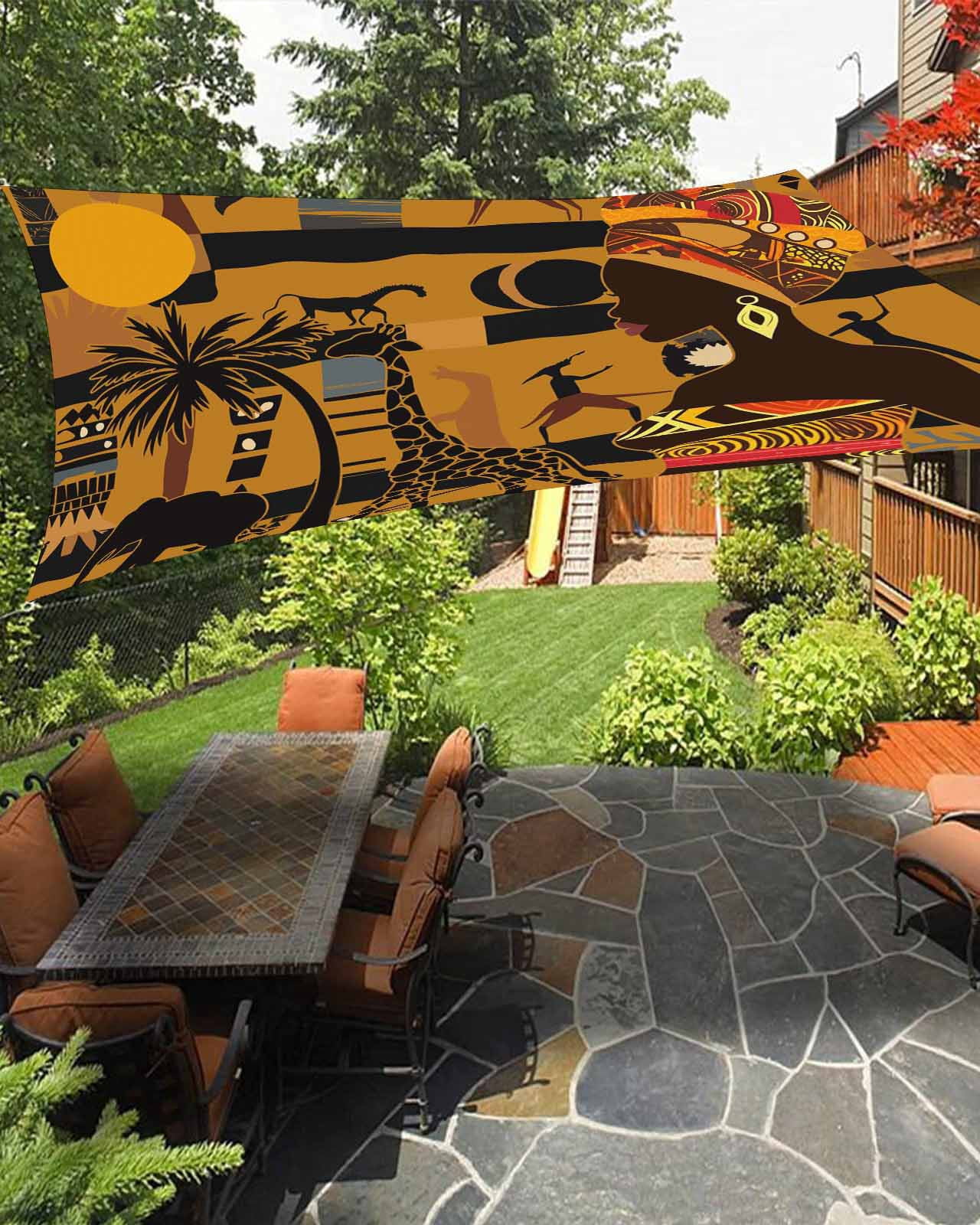 African Woman Sun Shade Sail 14'X18' Giraffe Elephant Brown Silhouette ...