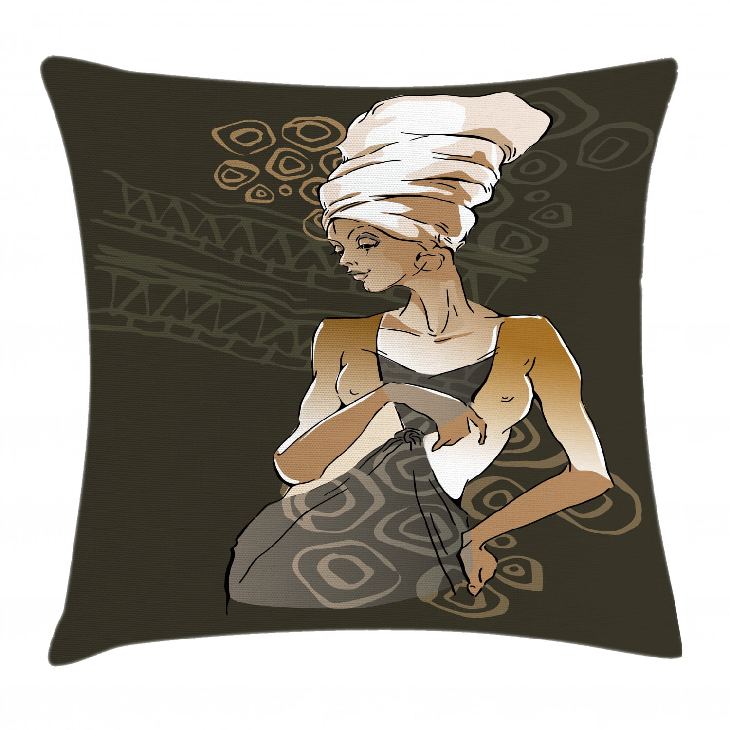 African Woman Throw Pillow Cushion Cover, Sketch of Stylish Pretty African Lady Ancient Ethnic ...