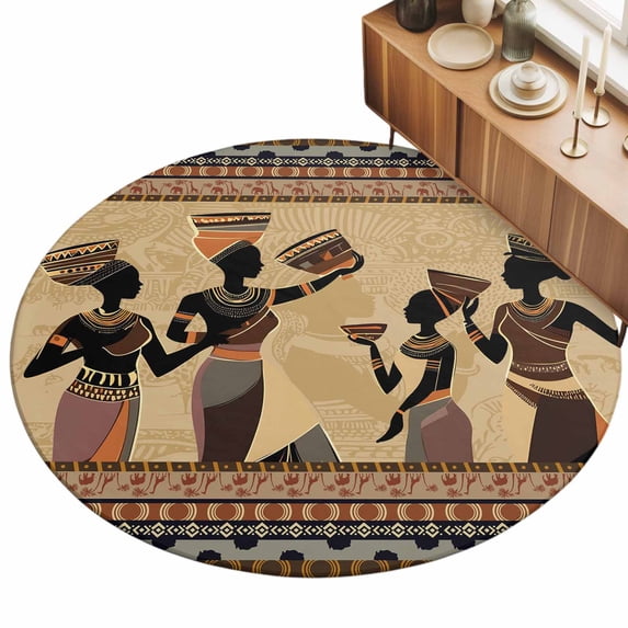 African Women Area Rug, Ethnic Style Non-Slip Felt Rubber Backing Round ...