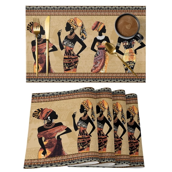 African Women Cotton Linen Placemats Set of 4, Silhouette Ethnic Style ...