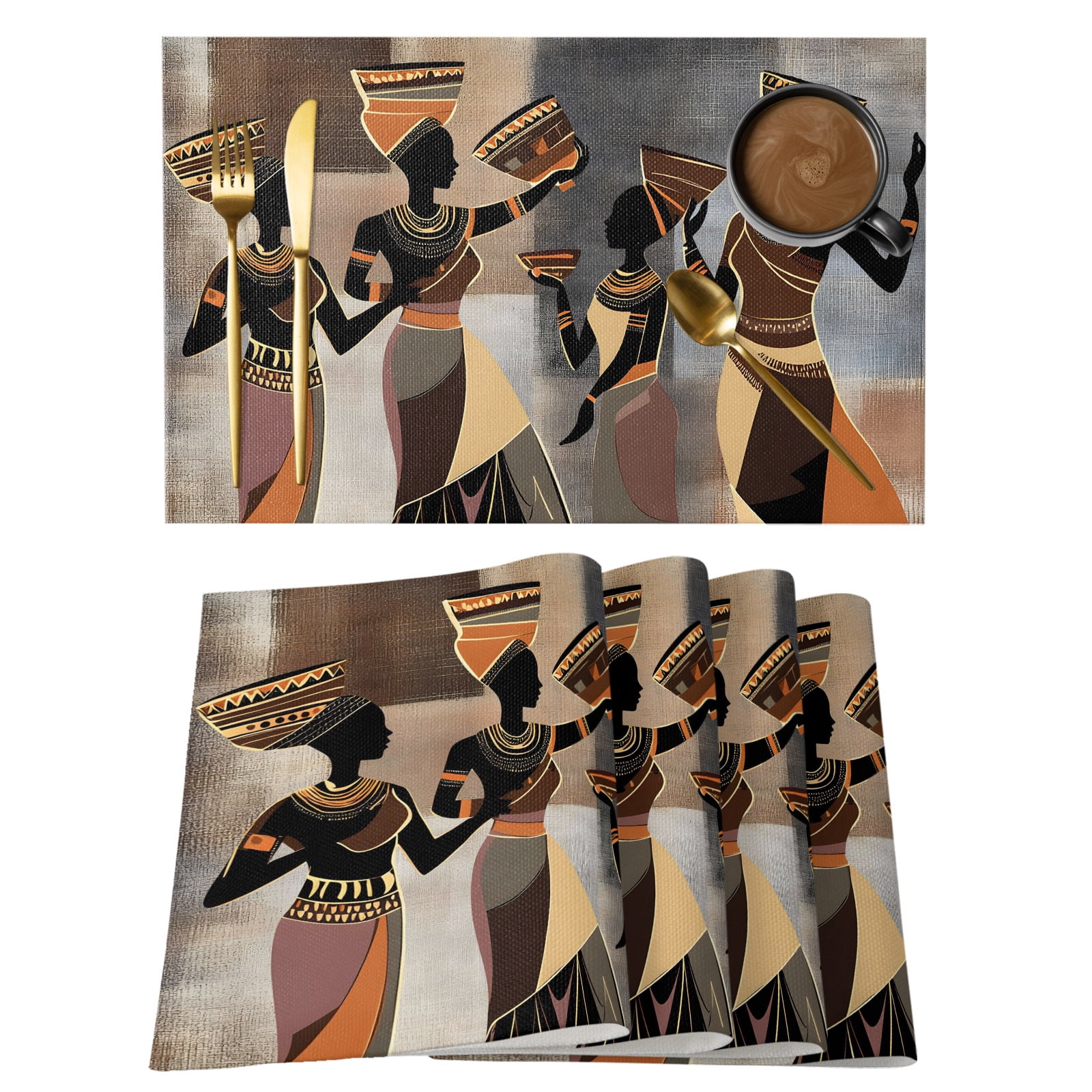 African Women Cotton Linen Placemats Set of 8, Tribe Ethnic Style ...