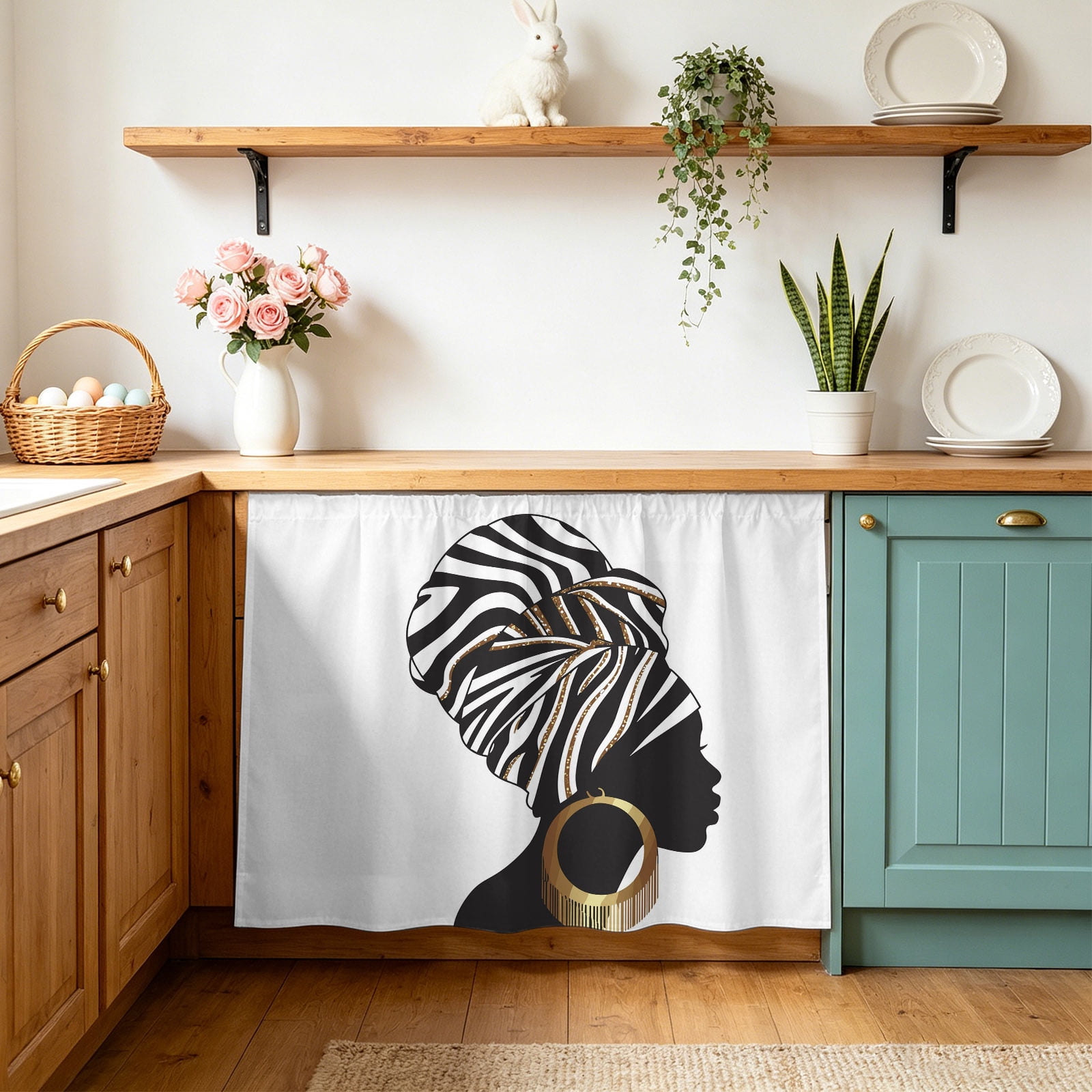 African Women with Earrings Cabinet Curtains 10" W x 11" L Ethnic Black ...