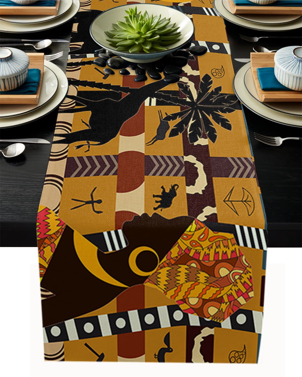 African Women Geometric Shapes Table Runner Cotton Linen Kitchen Dining ...