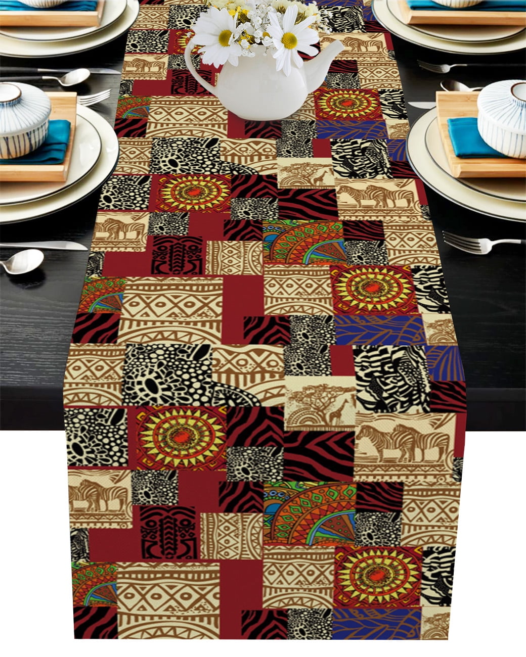 African Women Geometric Shapes Table Runner Cotton Linen Kitchen Dining ...