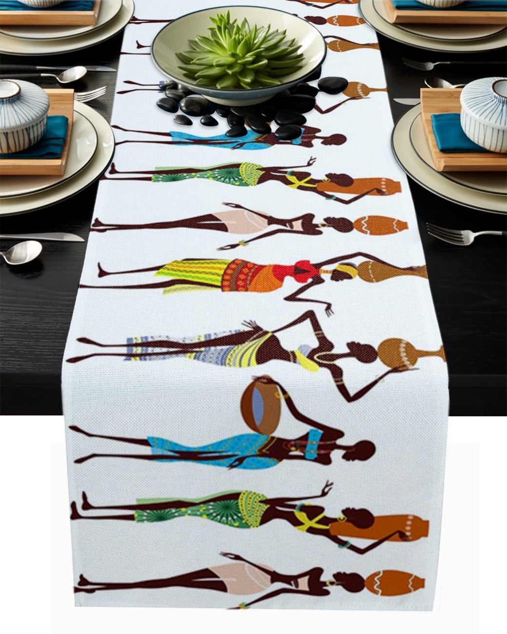 African Women Geometric Shapes Table Runner Cotton Linen Kitchen Dining ...