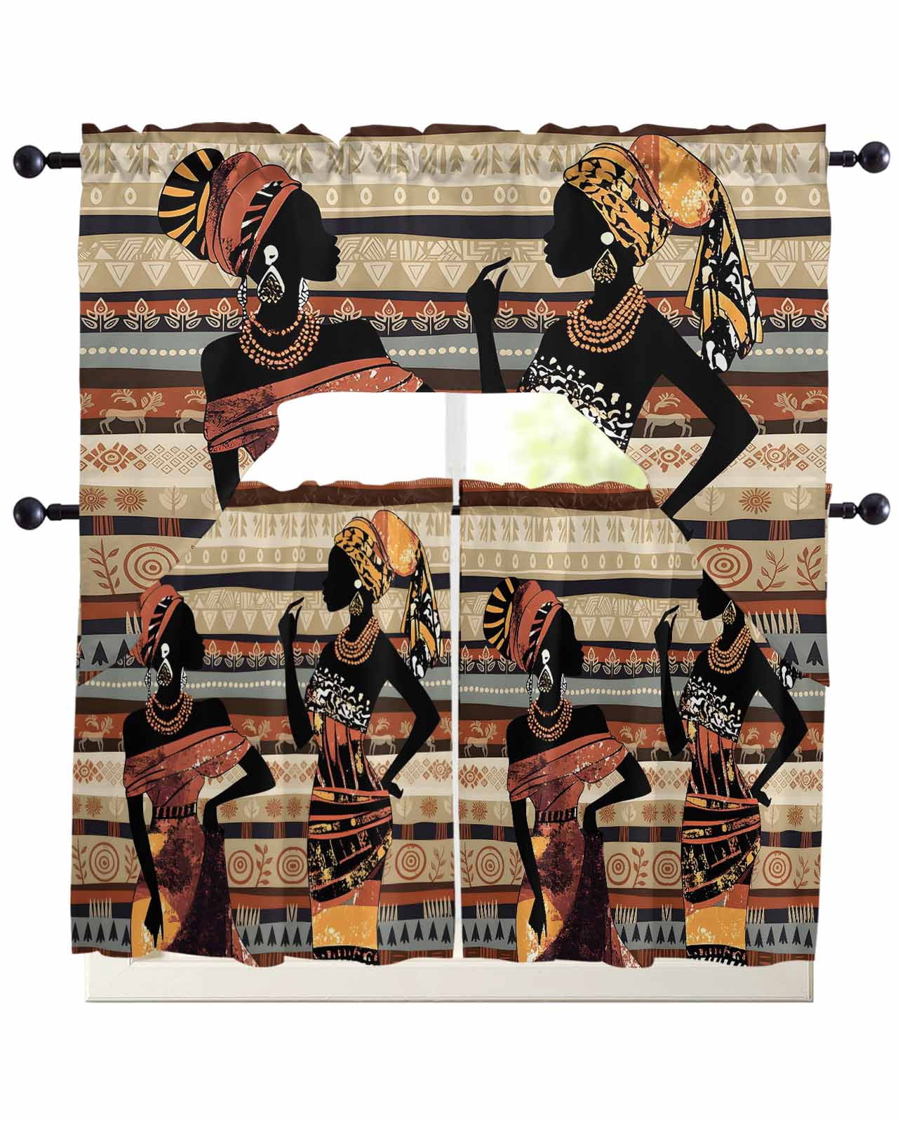 African Women Kitchen Curtains Sets 36 Inch Length with Valance, Black ...