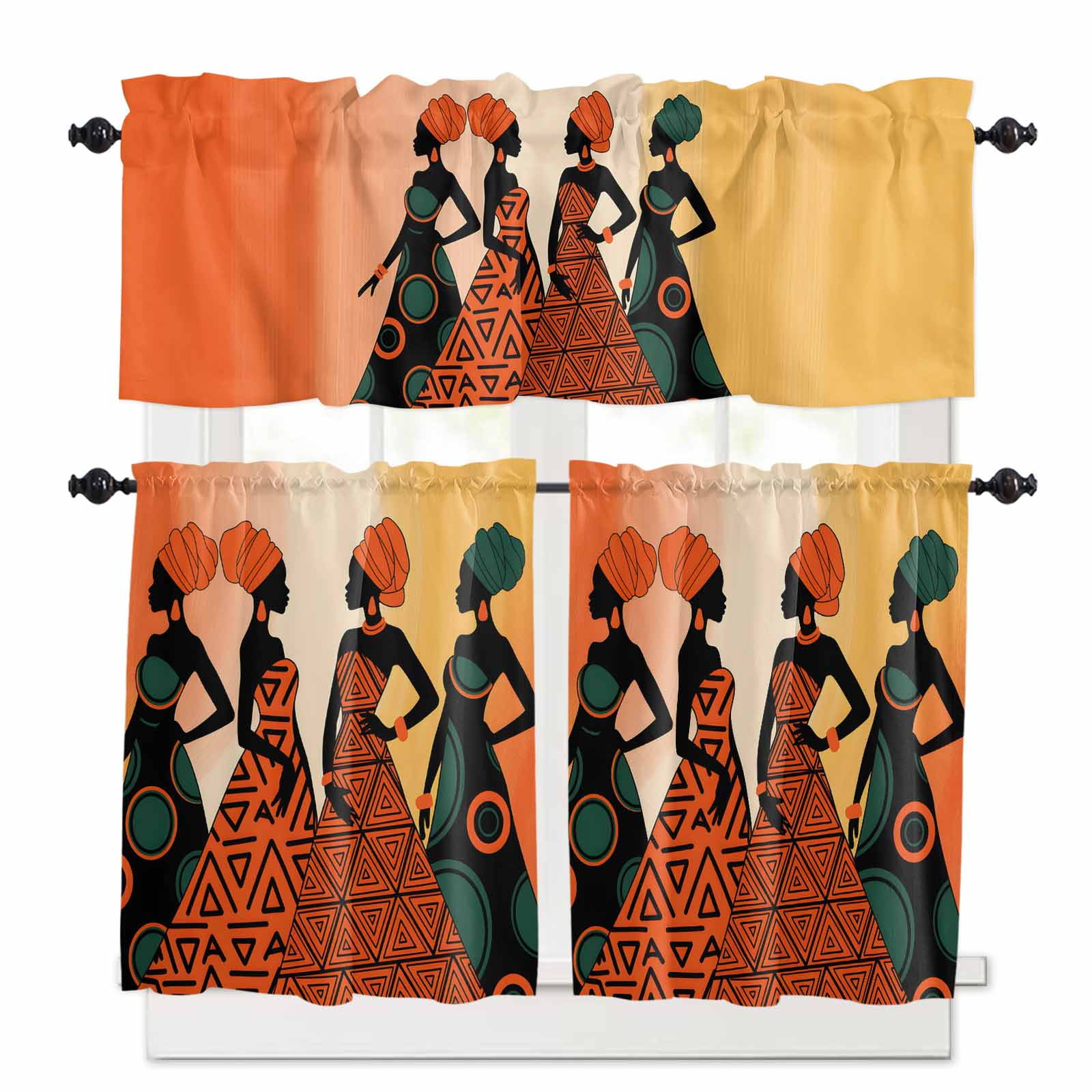 African Women Kitchen Curtains Valance and Tier Set Black Women Rod ...