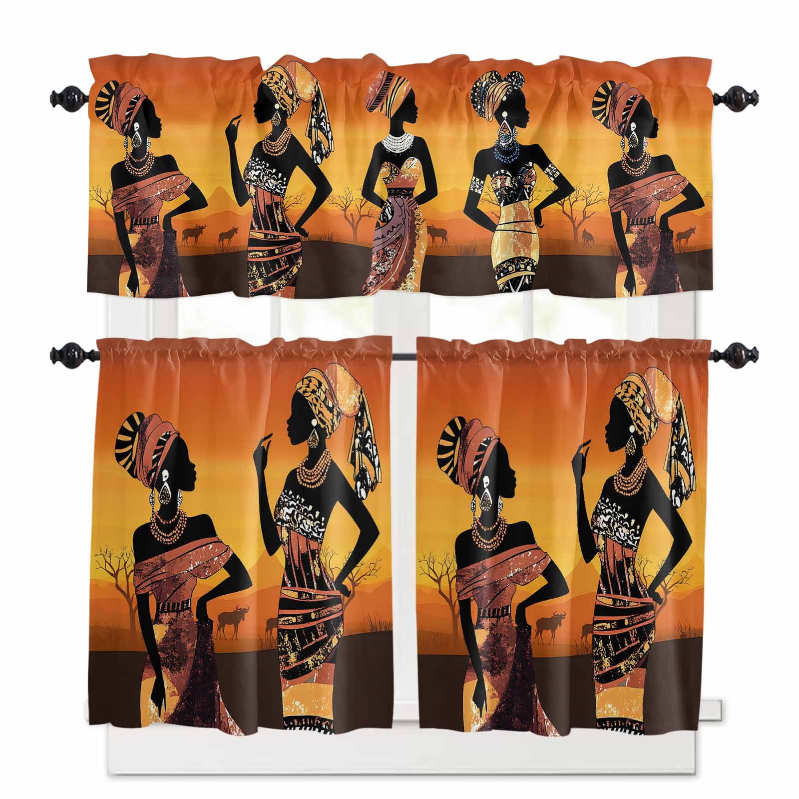 African Women Kitchen Curtains Valance and Tier Set Tribe Ethnic Style ...