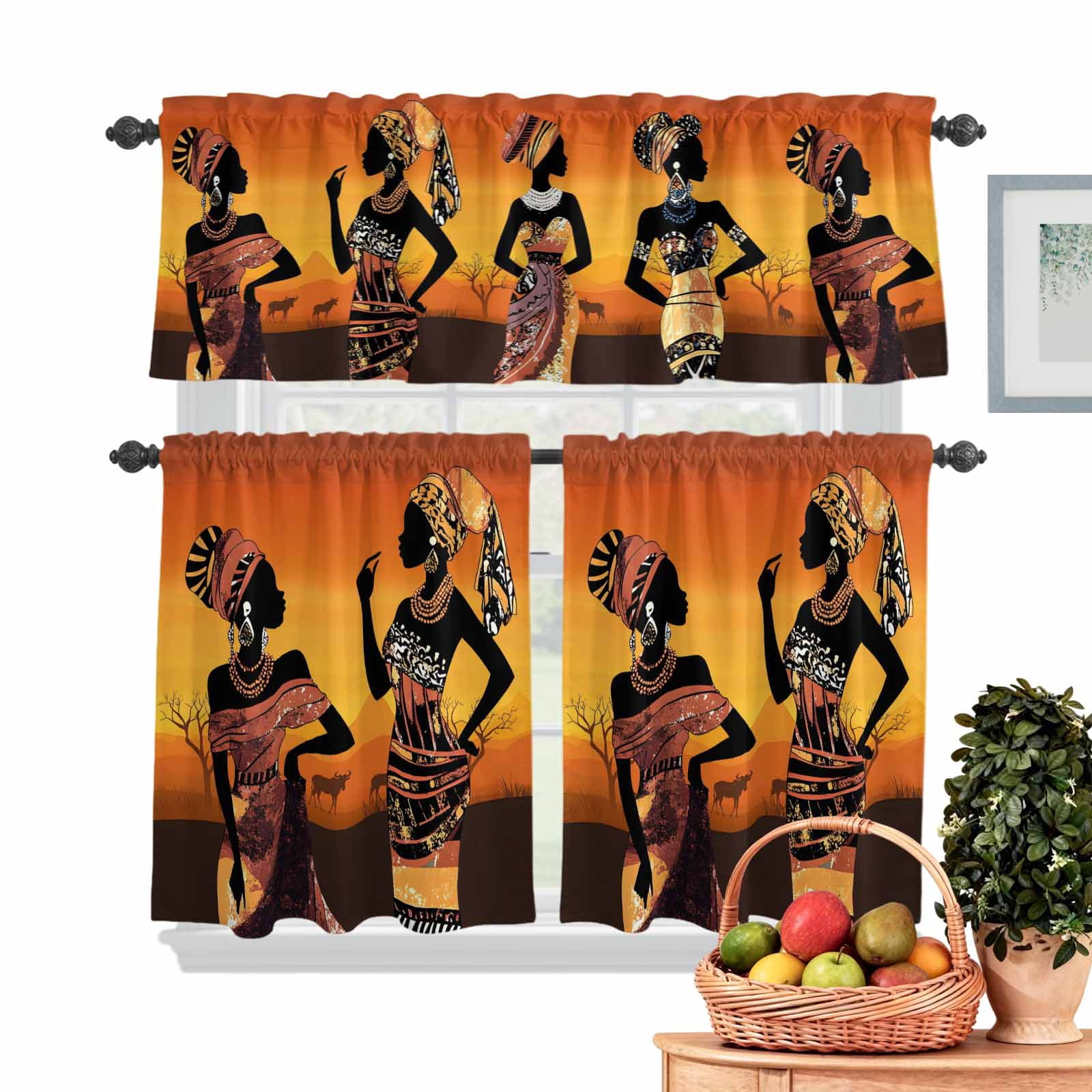 African Women Kitchen Curtains Valances 3 Piece Set, Tribe Ethnic Style ...