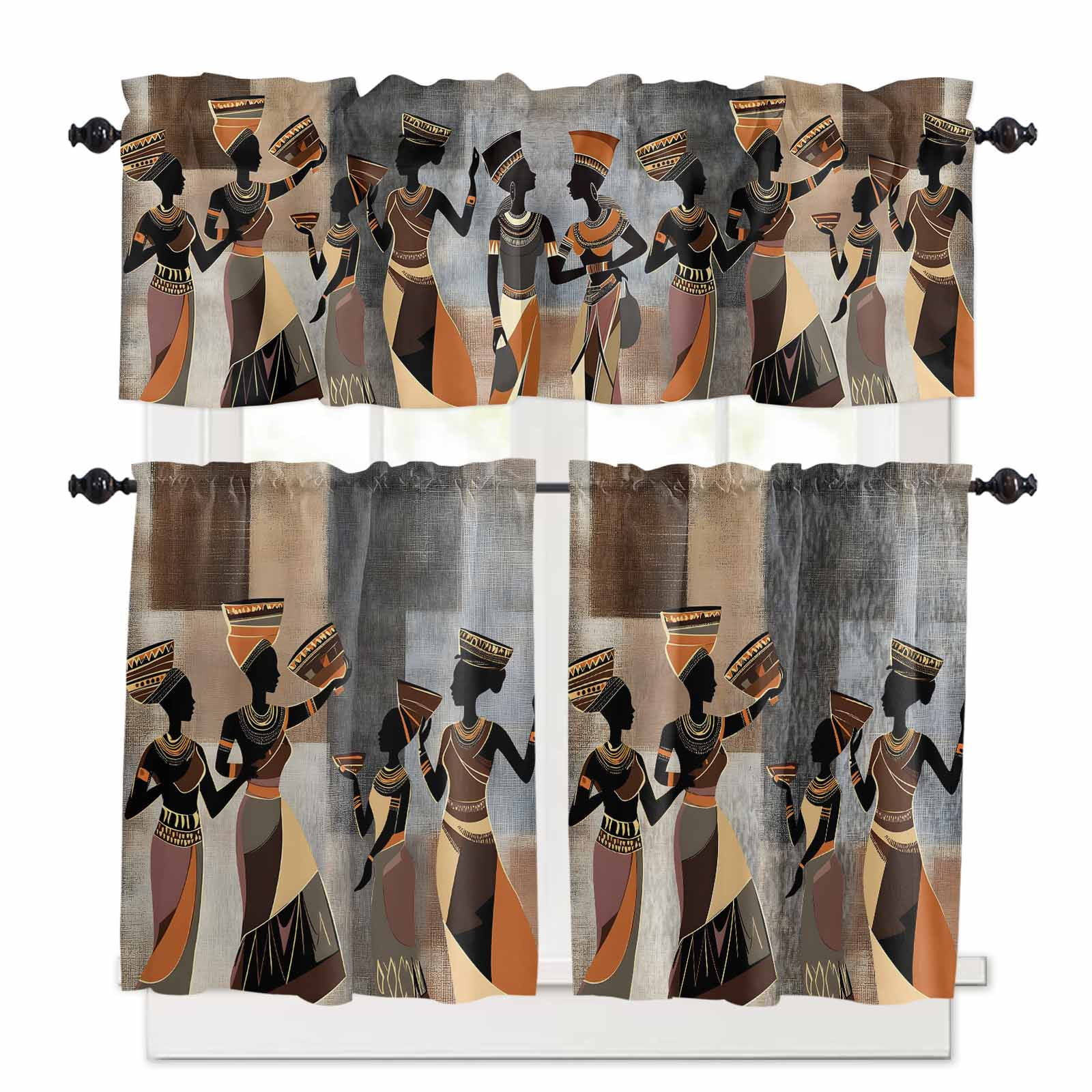 African Women Kitchen Curtains Valances and Tiers Set of 3, Abstract ...