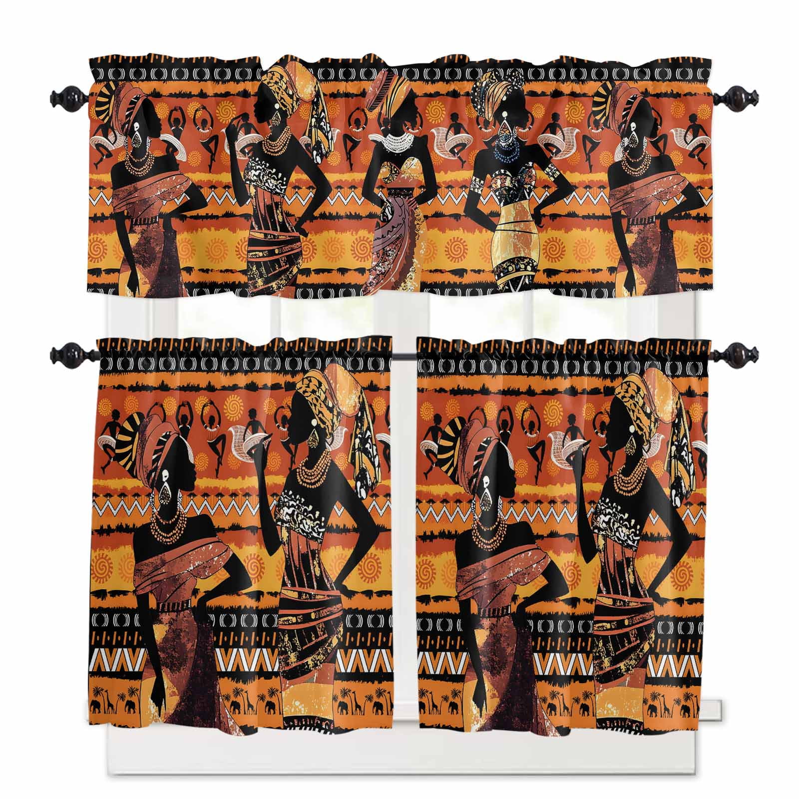 African Women Kitchen Curtains Valances and Tiers Set of 3, Traditional ...