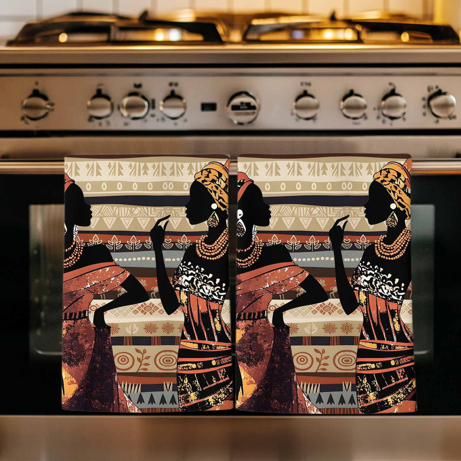 African Women Kitchen Towels Set of 3, Black Boho Tradition Ethnic ...