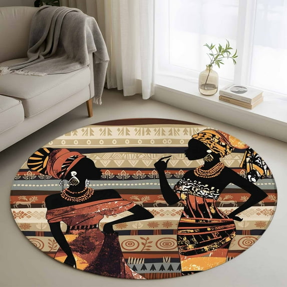 African Women Round Area Rug 4 FT, Non Slip Indoor Outdoor Rug, Black ...
