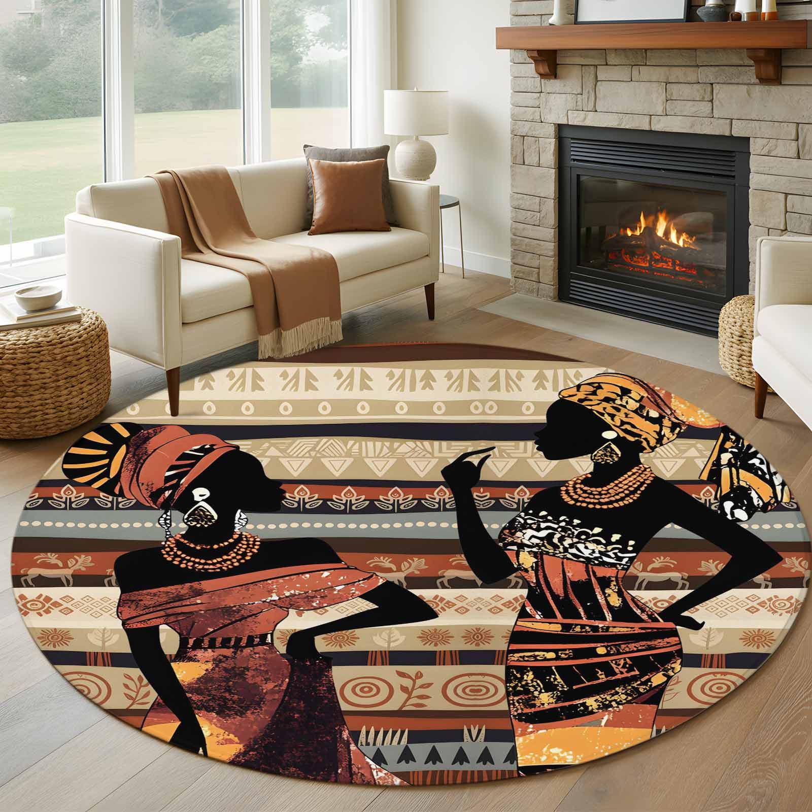 African Women Round Area Rug 6 FT, Non Slip Bedroom Area Rug, Black ...