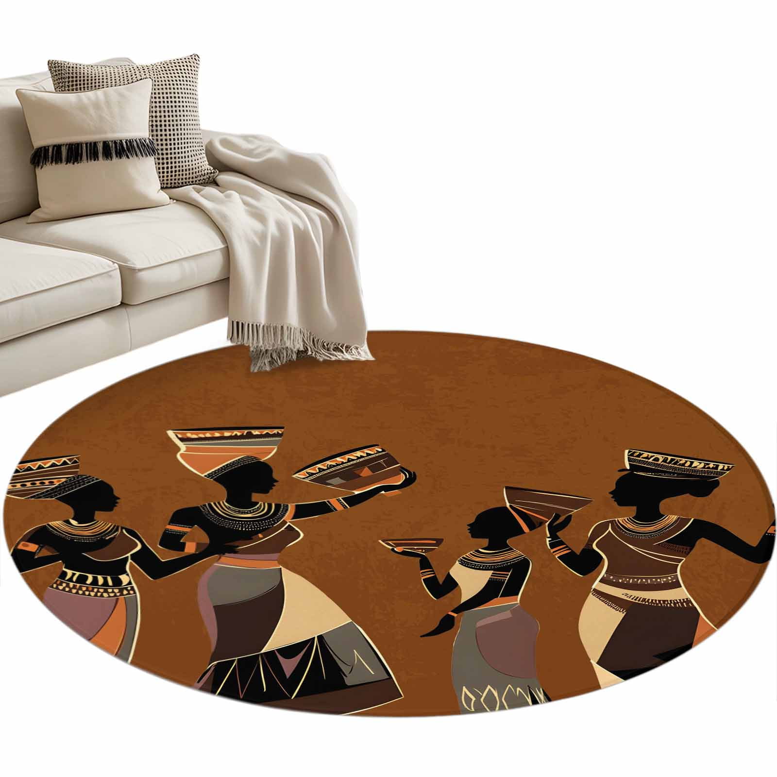 African Women Round Area Rug 4ft Tribe Ethnic Style Non-Slip Washable ...