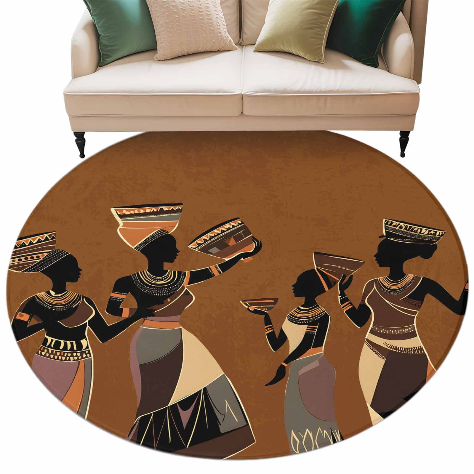 African Women Round Area Rug 5ft Tribe Ethnic Style Non-Slip Washable ...