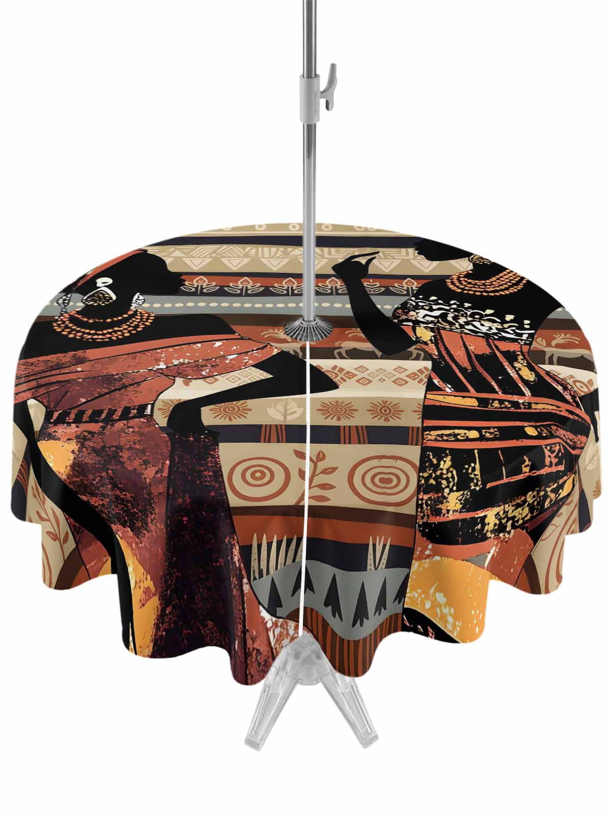 African Women Round Outdoor Tablecloth with Umbrella Hole Ethnic Style ...