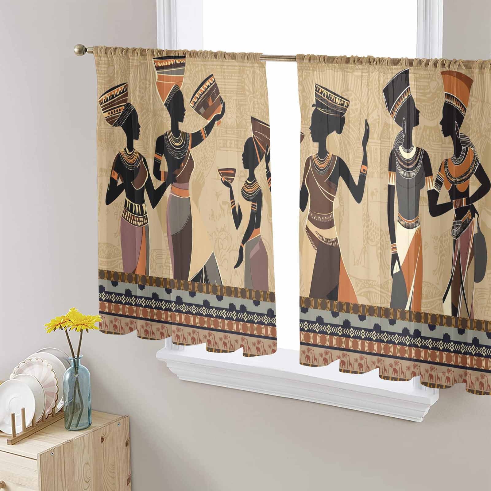African Women Semi Sheer Curtains 54 Inch Length 2 Panels Set, Black ...