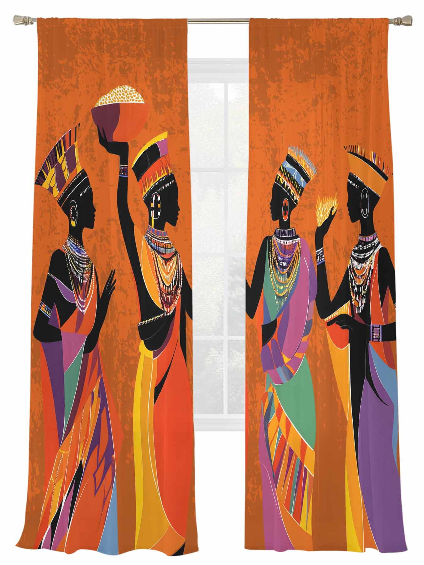 African Women Sheer Curtains 108 Inch Long 2 Panels, Tribe Ethnic Style ...