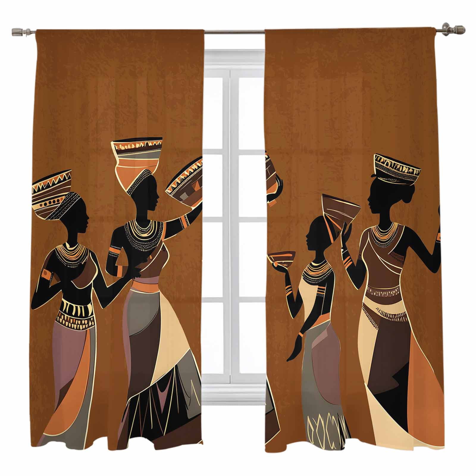African Women Sheer Curtains 63 inches Long, Tribe Ethnic Style Brown ...