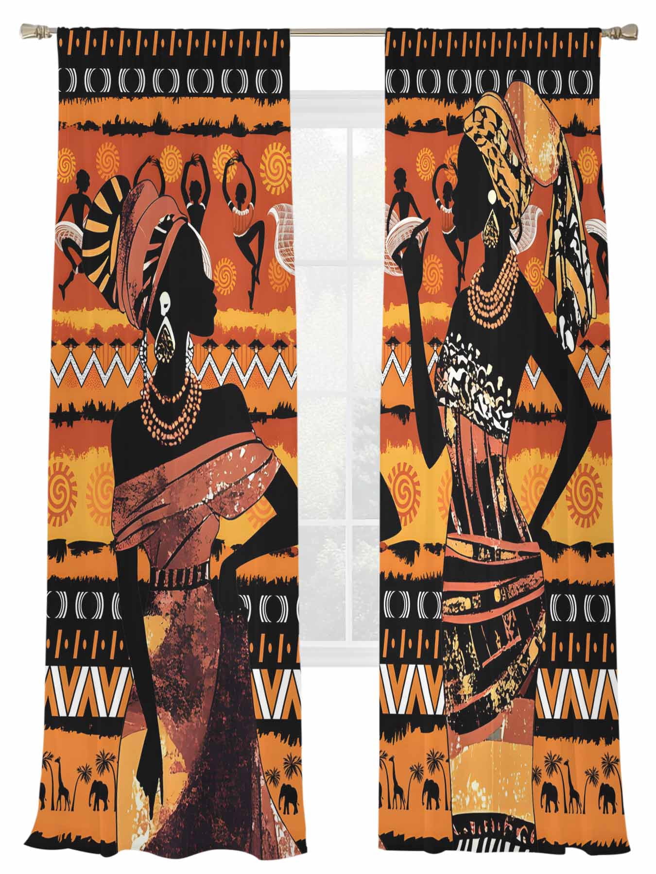 African Women Sheer Curtains 84 Inch Long 2 Panels, Tribe Ethnic Style ...