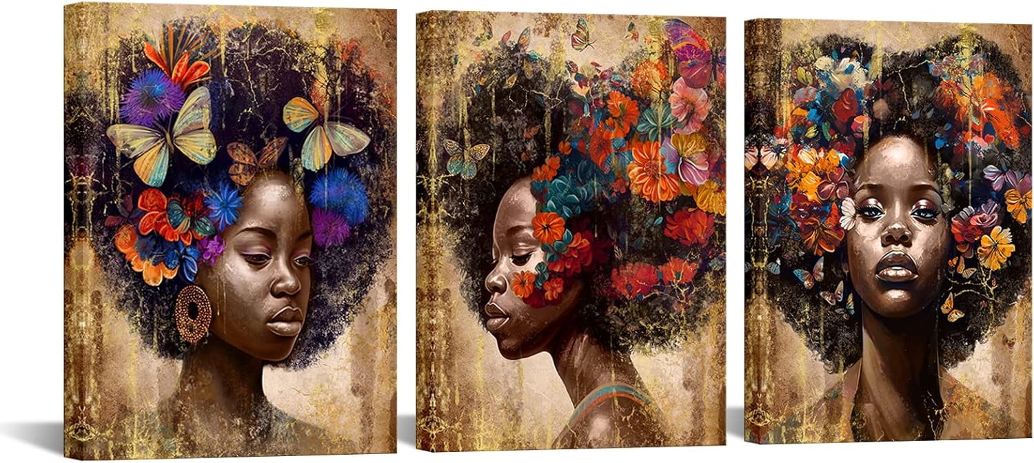 African Women Wall Art Painting Vintage Black Woman Portrait with Flower Canvas Picture Print ...
